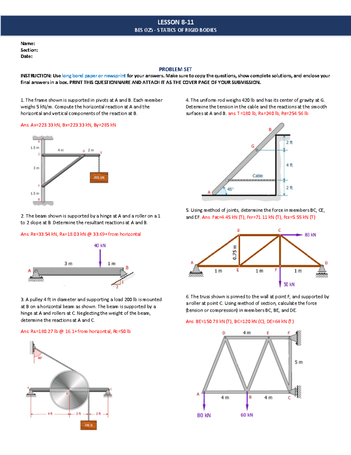 LESSON BES 025: Problem Set on Statics of Rigid Bodies - Studocu