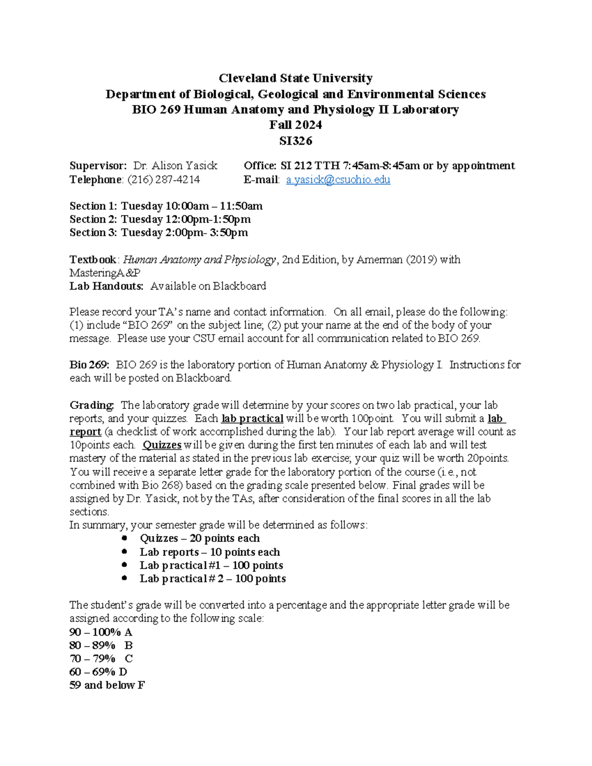 BIO 269 Fall 2024 Lab Syllabus: Human Anatomy & Physiology II - Studocu