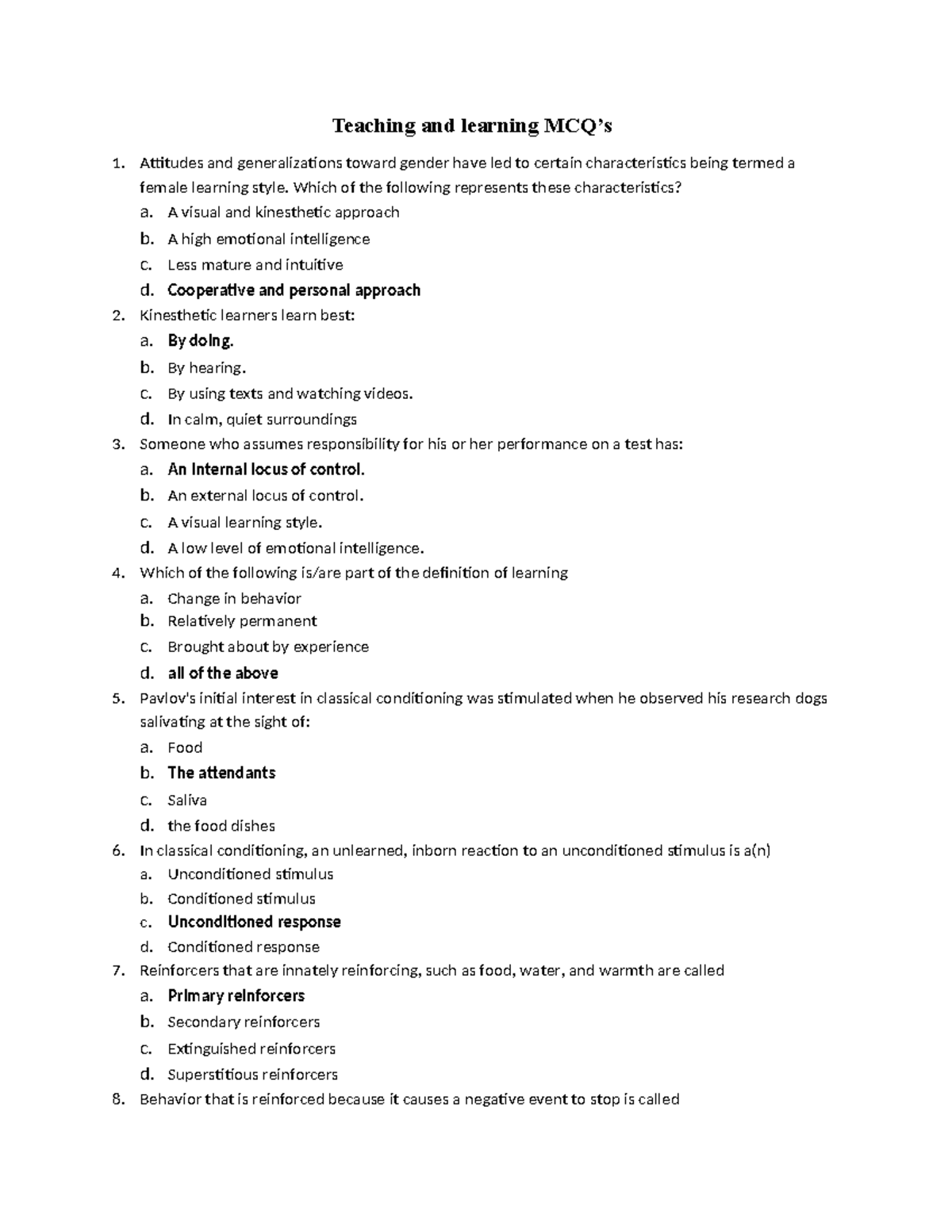 Teaching and Learning MCQs: Gender, Learning Styles, and Theories - Studocu