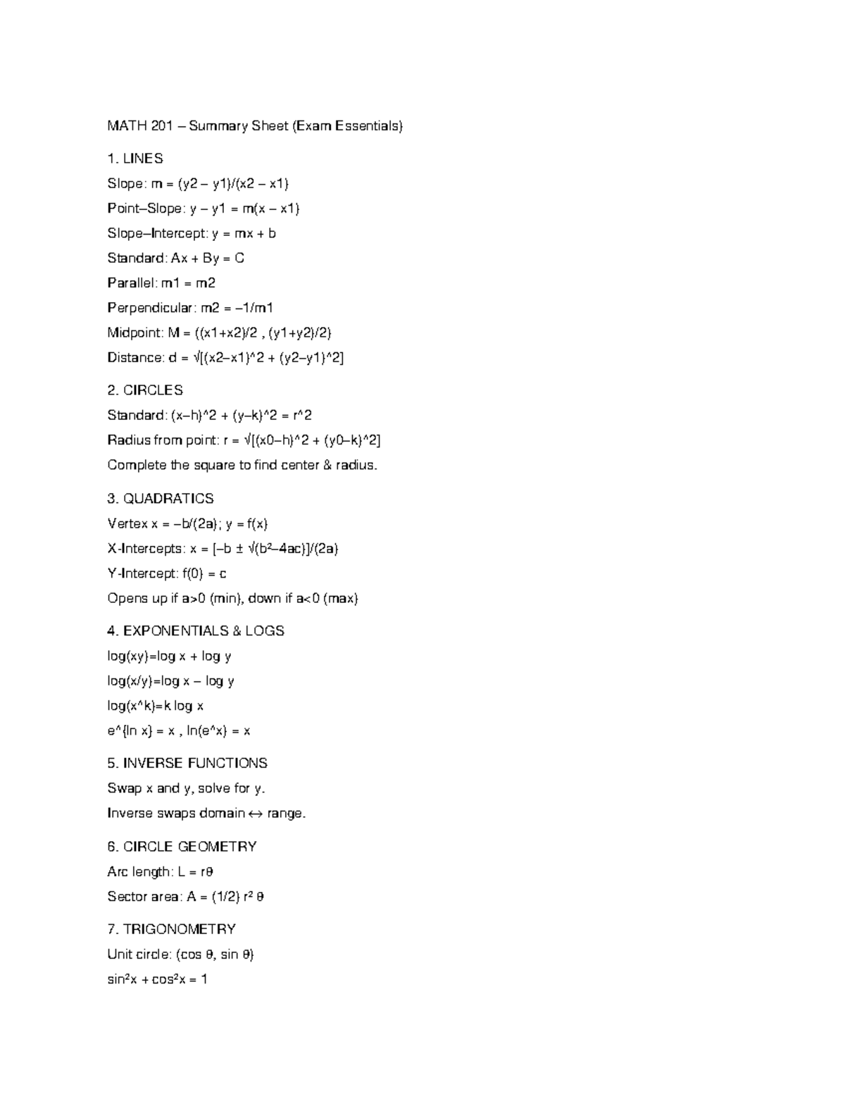 MATH 201 Exam Essentials Summary Sheet - Key Math Concepts - Studocu