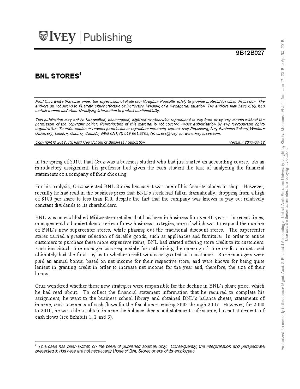 BNL Stores 1: Case Study Analysis for Mgmt. Acct. Financial Accounting - Studocu
