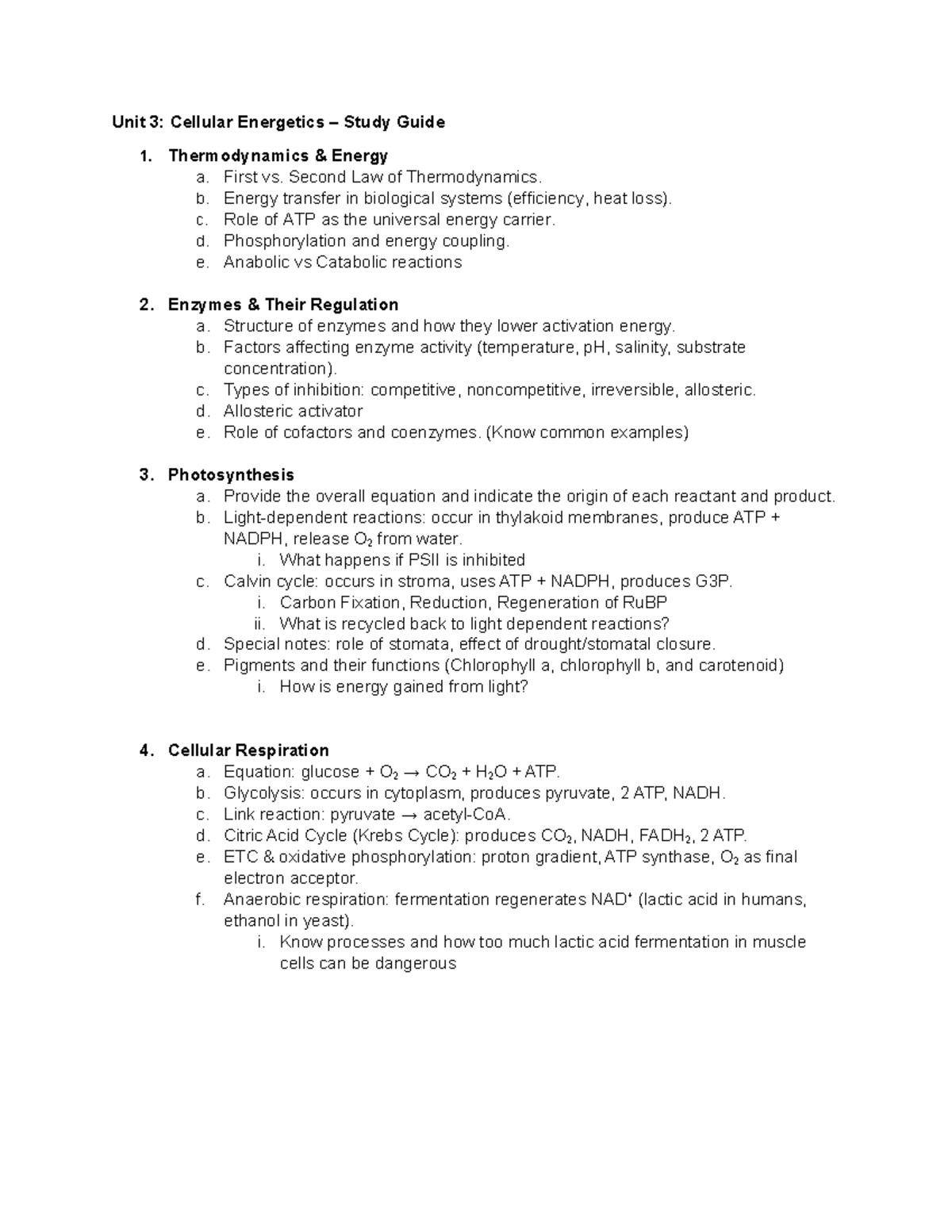 Unit 3: Cellular Energetics Exam Study Guide - Studocu