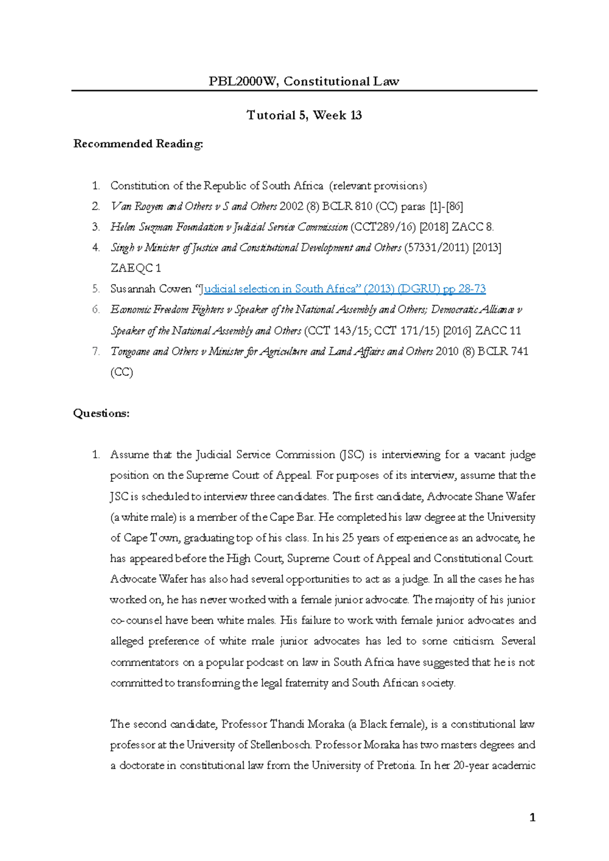 PBL2000W Constitutional Law Tutorial 5: Candidate Evaluation Memo - Studocu