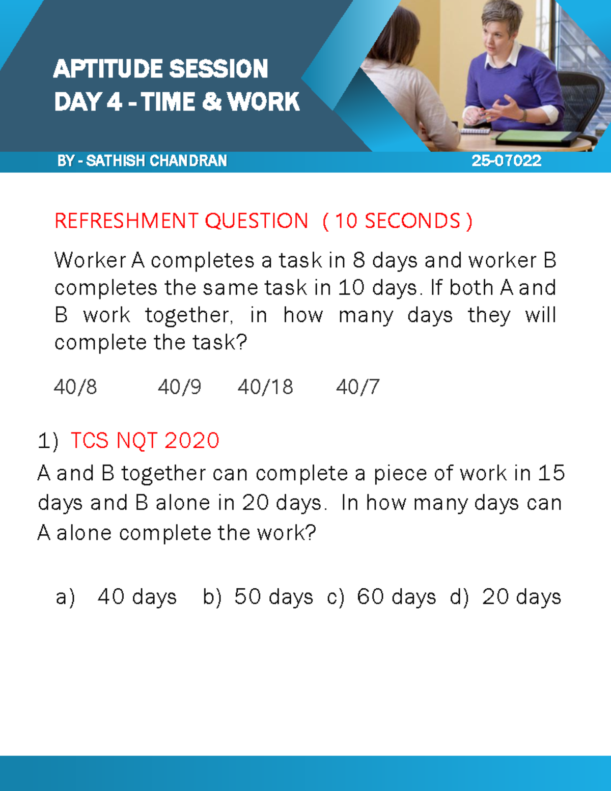 Aptitude - DAY 4 - TIME & WORK - APTITUDE SESSION DAY 4 - TIME & WORK ...