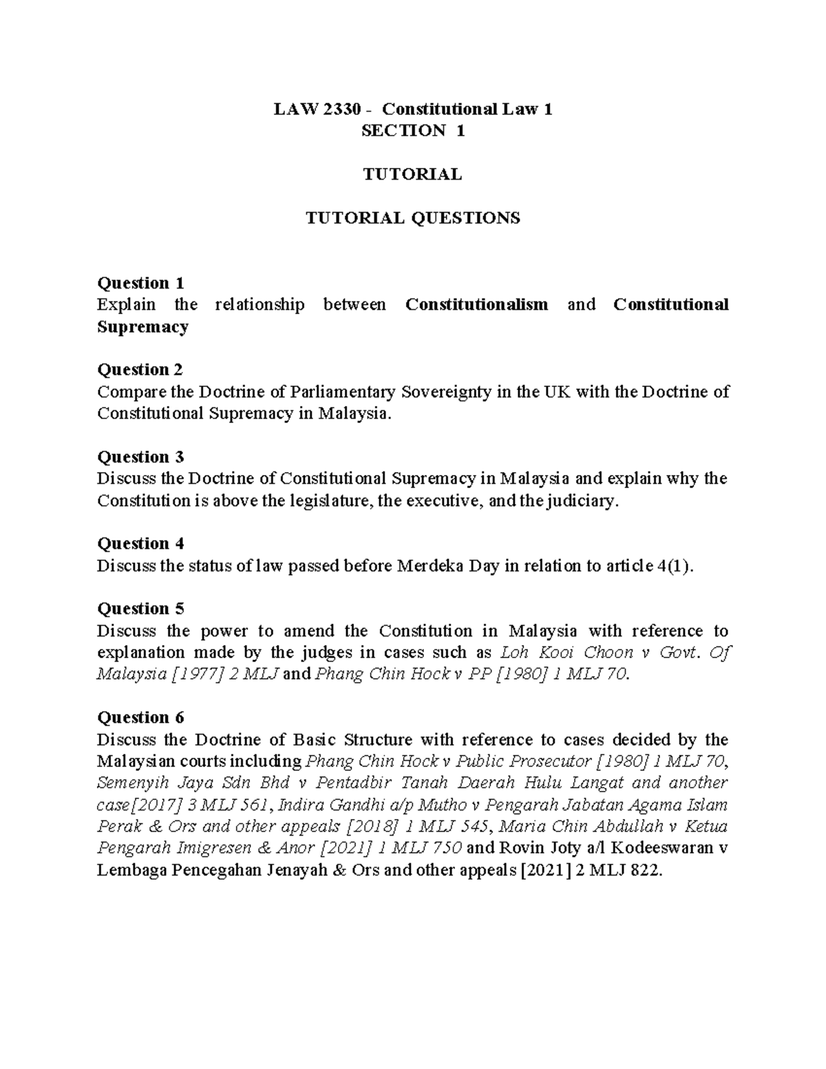 Tutorial on Constitutionalism - LAW 2330 - Constitutional Law 1 SECTION ...