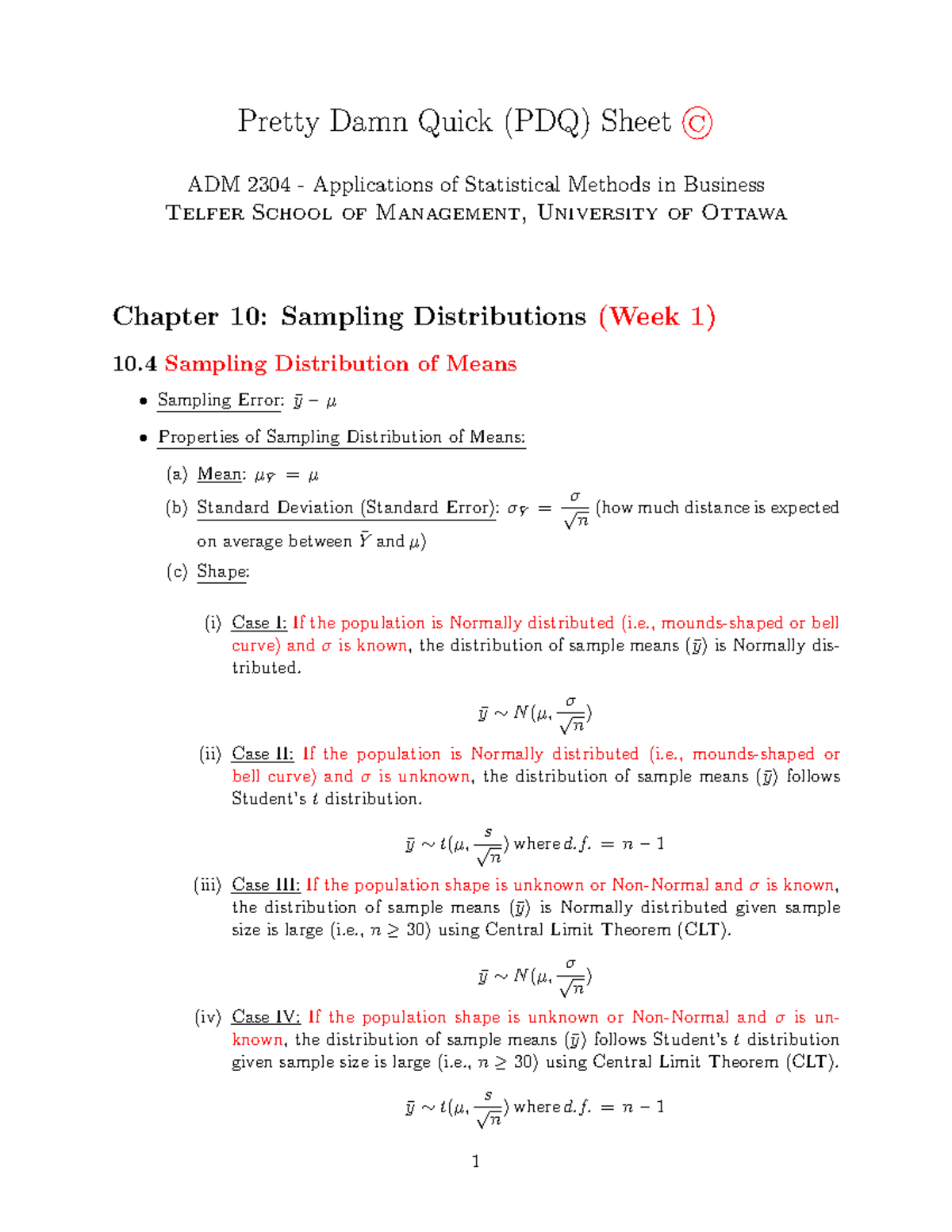 ADM2304 PDQ Sheet: Chapter 10 & 11 Sampling Distributions and ...
