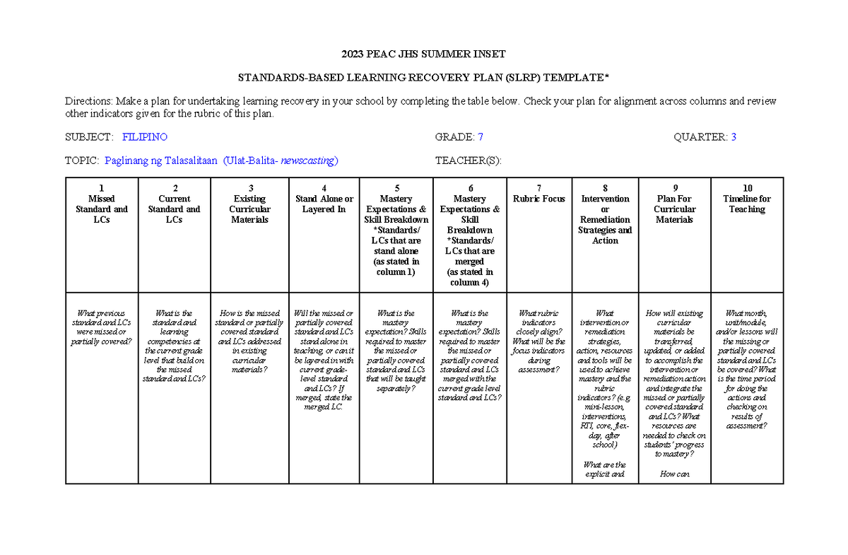 FIL 2.1 SLRP A - ,,, - 2023 PEAC JHS SUMMER INSET STANDARDS-BASED ...