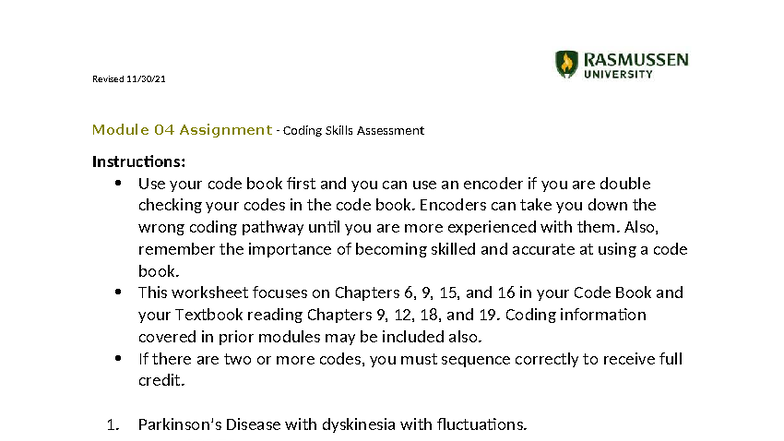 HIM1125 Module 04 Coding Skills Worksheet Instructions - Studocu