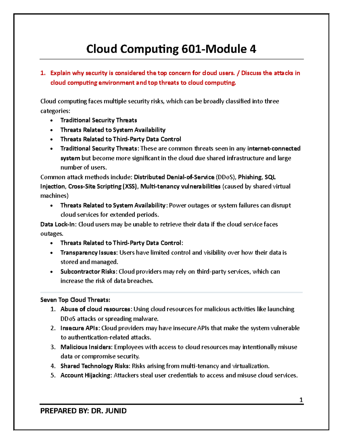 Cloud Computing Security Risks and Threats: Important Questions Module ...
