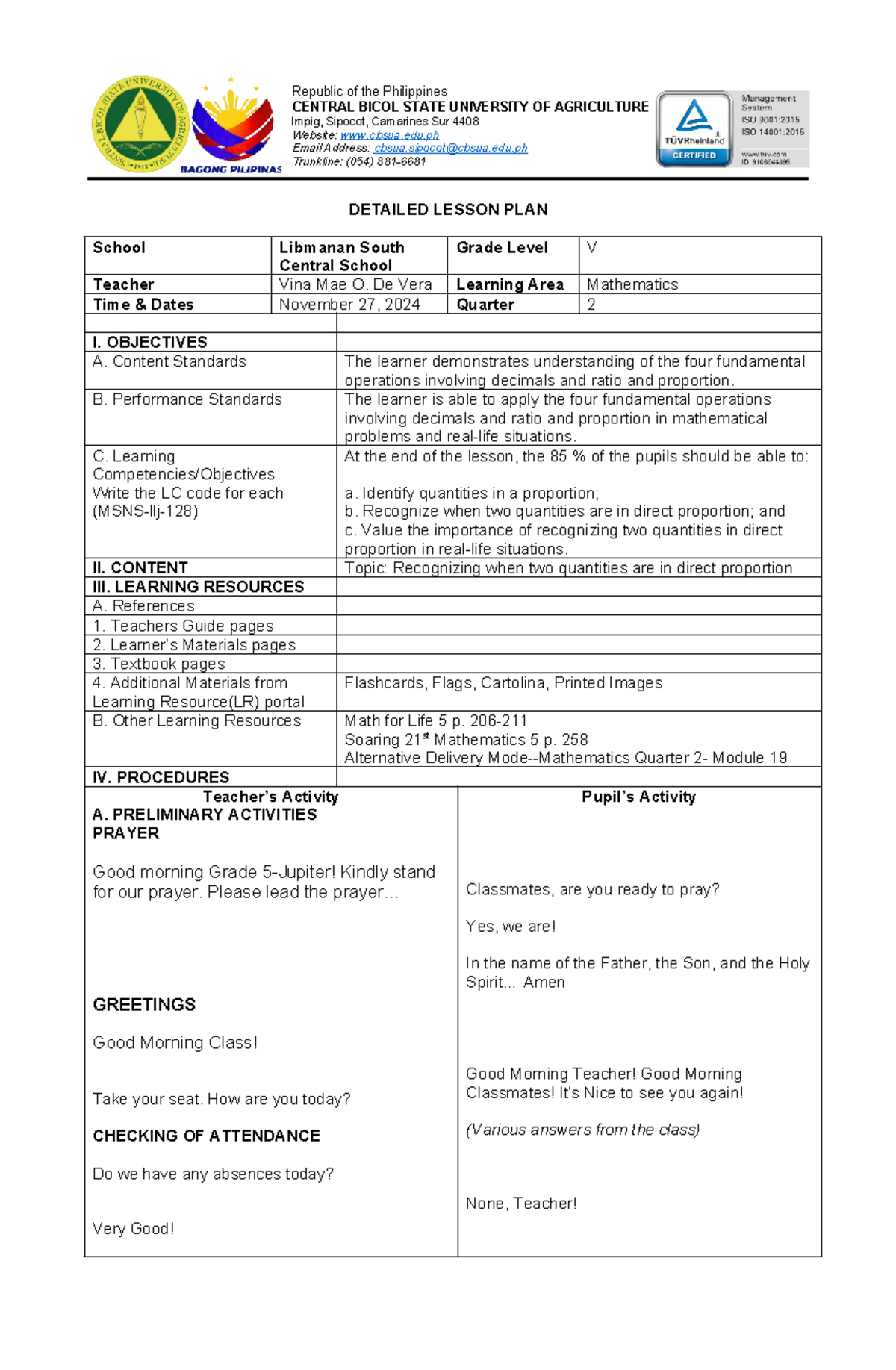 Detailed Lesson Plan for Mathematics 5 (Quarter 2) - MSNS-llj-128 - Studocu