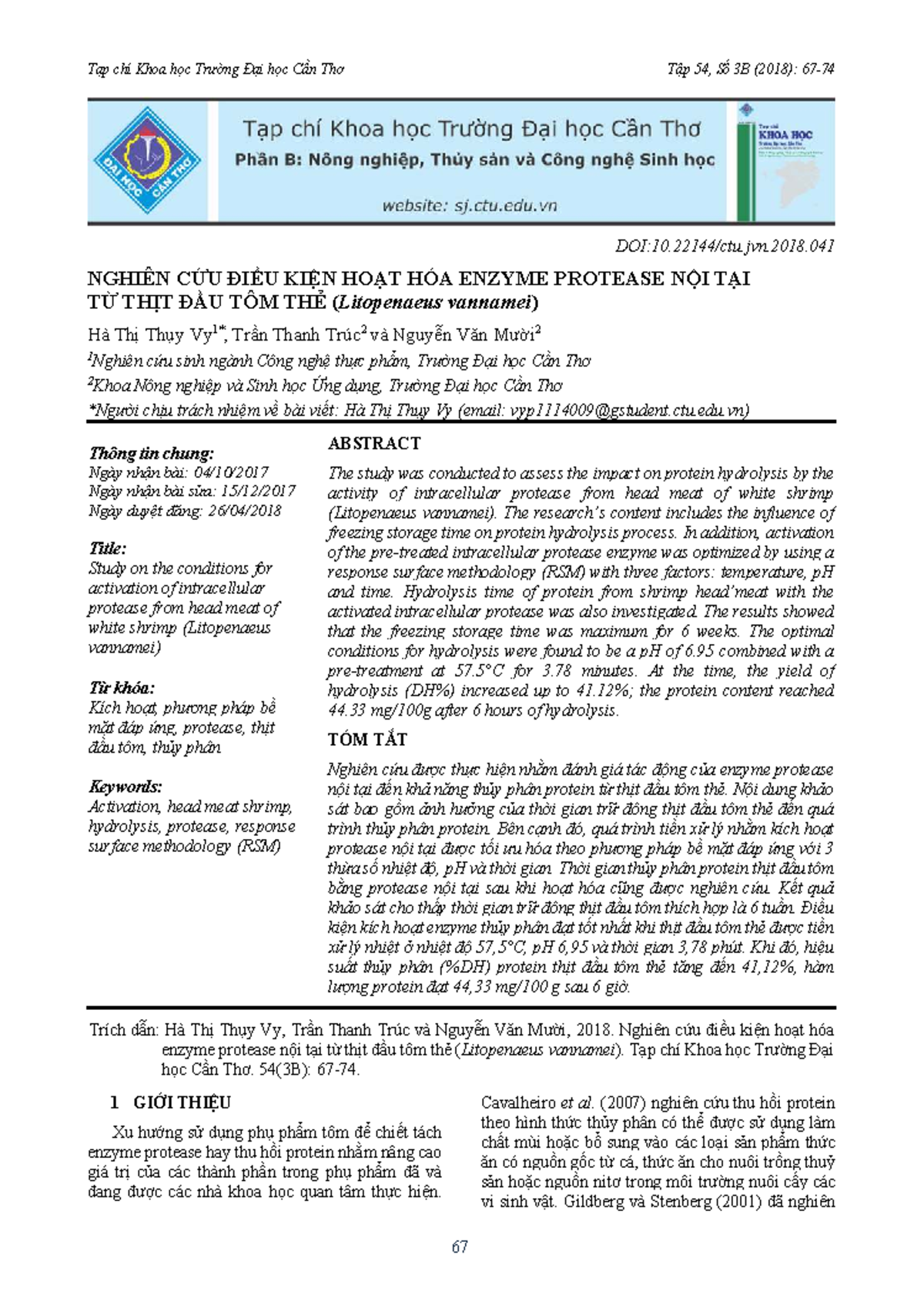 Nghiên cứu điều kiện hoạt hóa enzyme protease từ thịt đầu tôm thẻ (02 ...