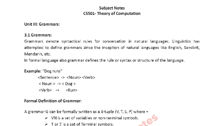 Unit 3 - Theory of Computation: Understanding Grammars and Their Types ...