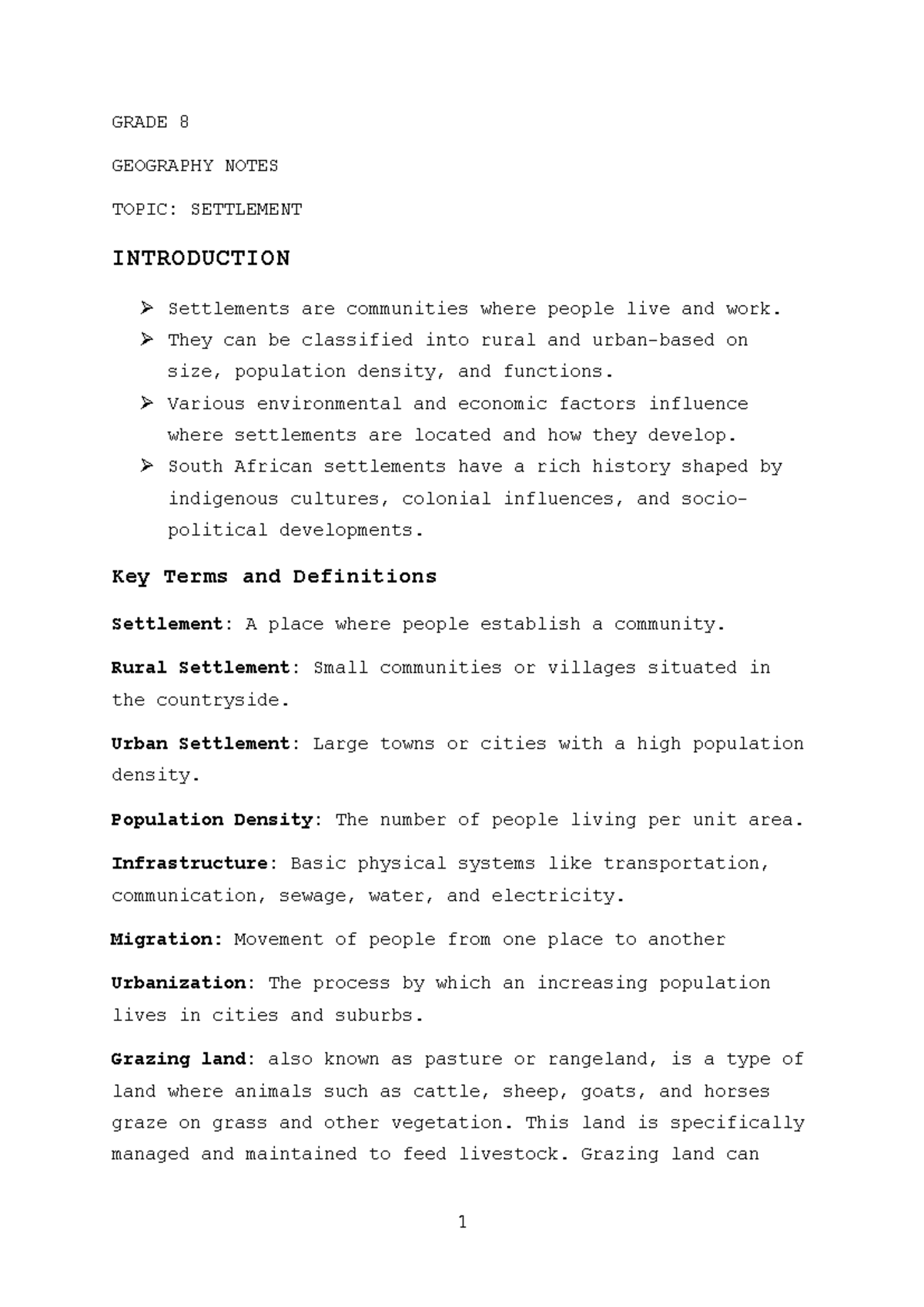 Grade 8 Geography: Comprehensive Settlement Study Notes - Studocu