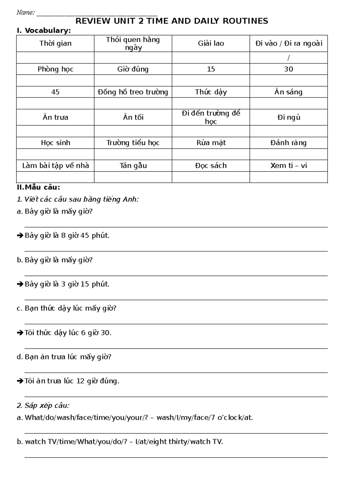 UNIT 2 Lớp 4: REVIEW TIME & DAILY ROUTINES for HS - Studocu