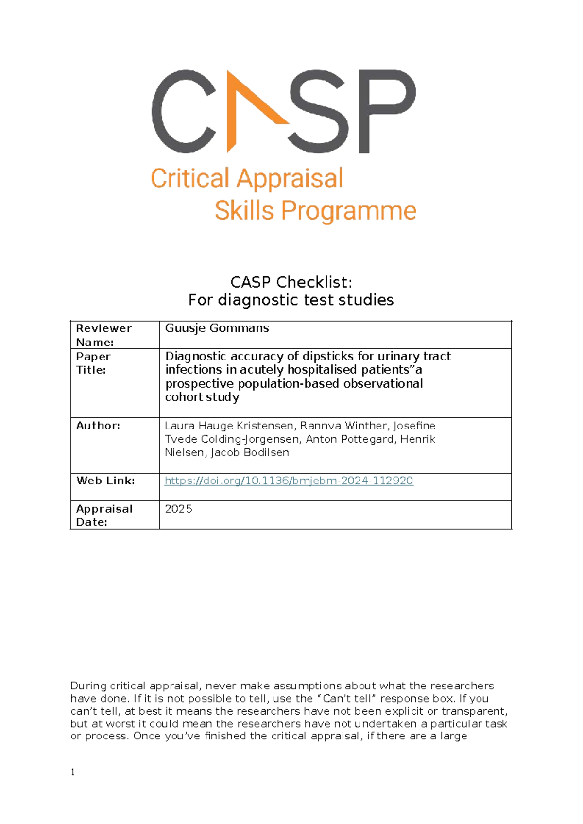 CASP Checklist for Diagnostic Test Studies: Urinary Tract Infections ...
