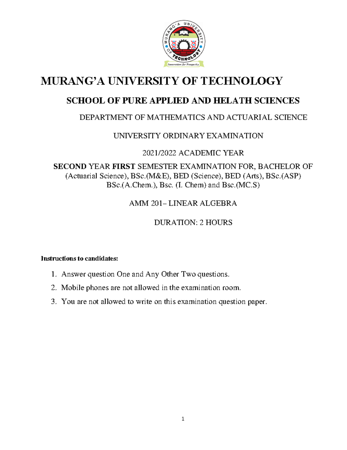 AMM 201 Linear Algebra Final Exam Guidelines and Instructions - Studocu