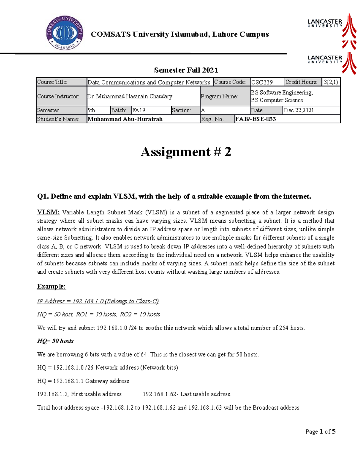 Data Communication And Computer Networks Assignment # 2 - COMSATS ...