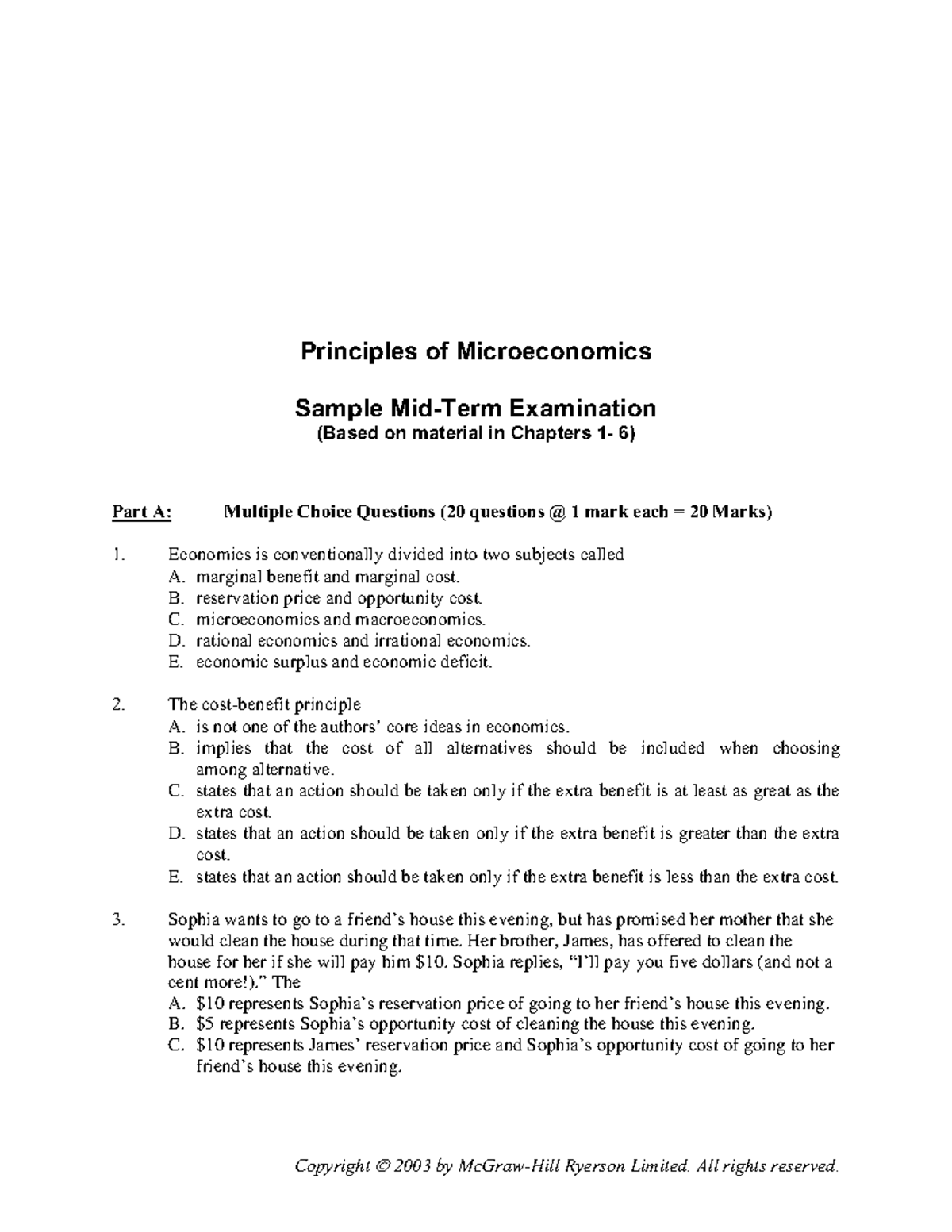 Principles of Microeconomics Sample Mid - Sample Mid-Term Examination (Based on material in ...