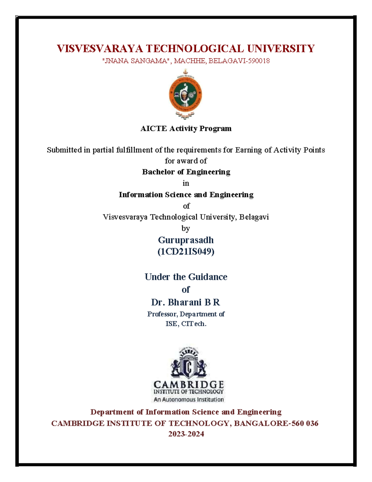 AICTE Activity Program Report for B.E. in Information Science ...