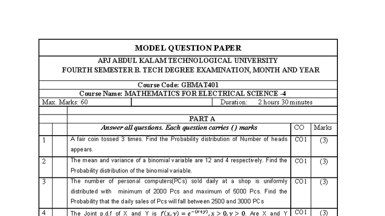 GBMAT401 - Model Question Paper for Mathematics in Electrical Science ...