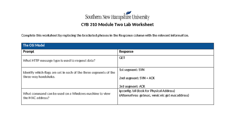 CYB 310 Module Two Lab Worksheet: OSI Model & Network Protocols - Studocu