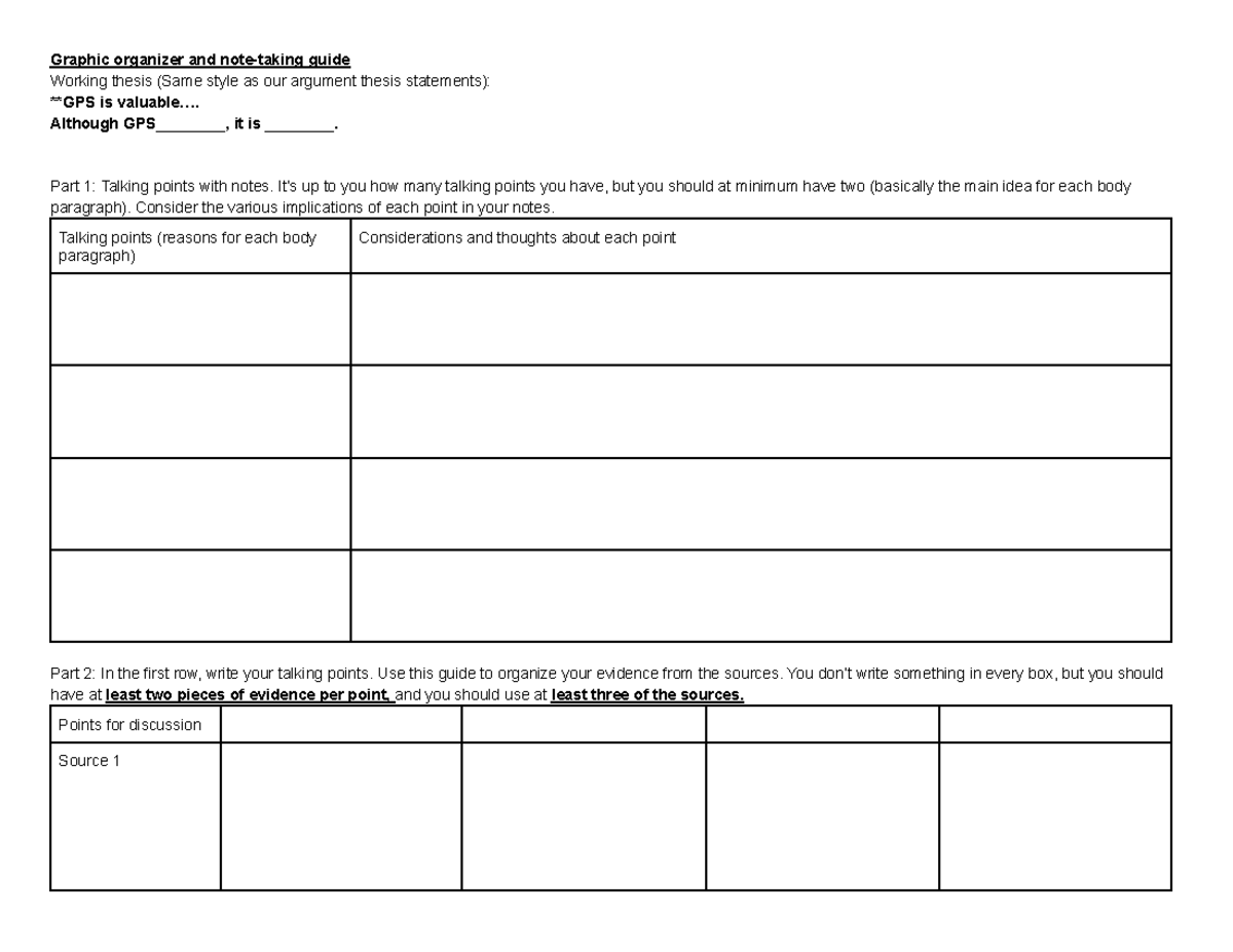 Graphic Organizer & Note-Taking Guide for Synthesis Essay - Studocu