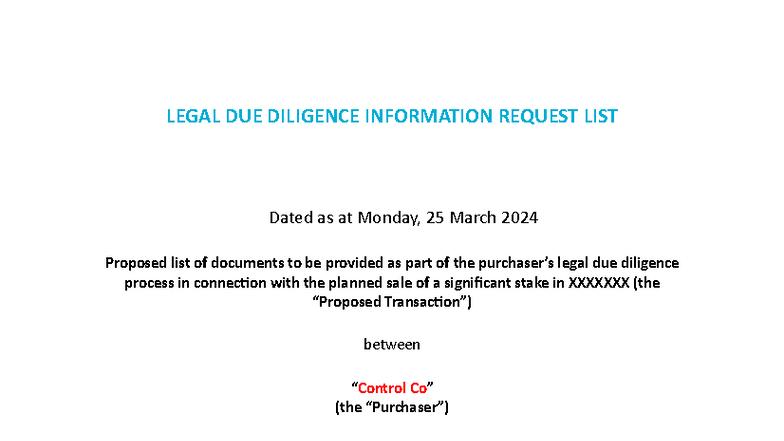 LEGAL DUE DILIGENCE INFORMATION REQUEST LIST FOR ACQUISITION - Studocu