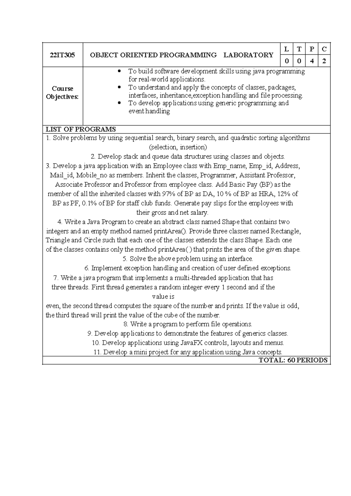 22IT305 Practical Syllabus: Object Oriented Programming Lab - Studocu
