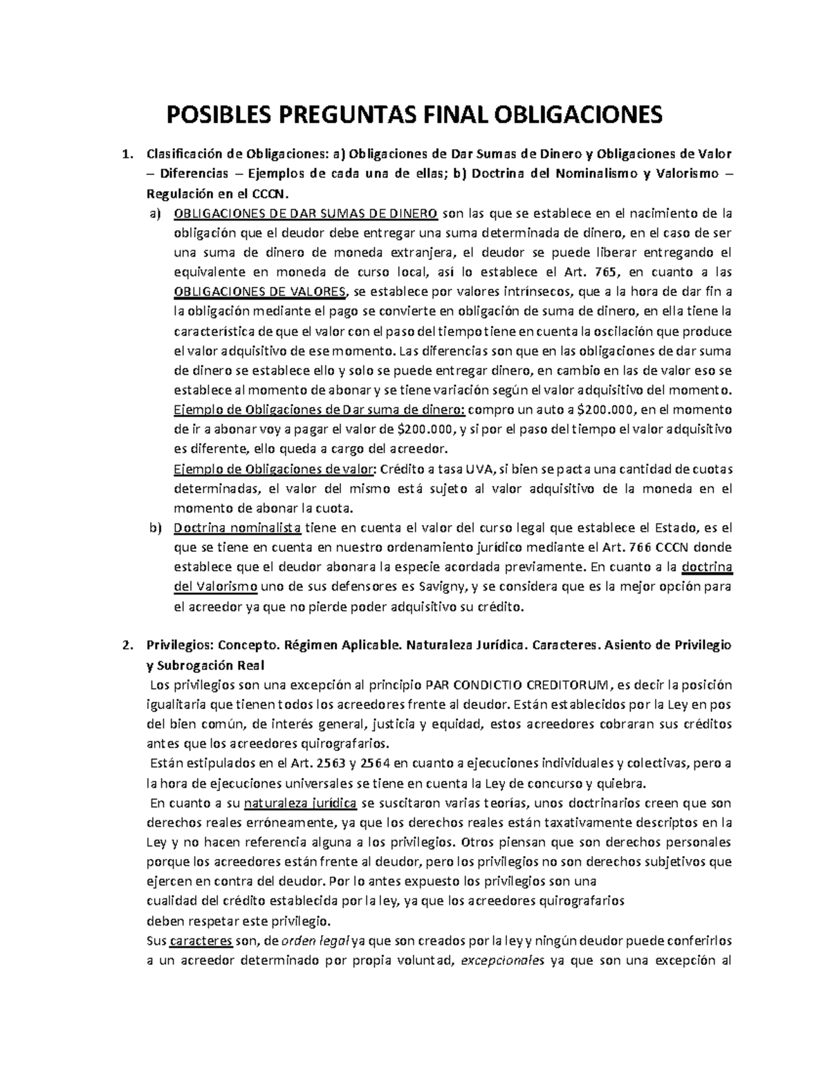 Preguntas Finales sobre Obligaciones - Curso de Derecho 1 - Studocu