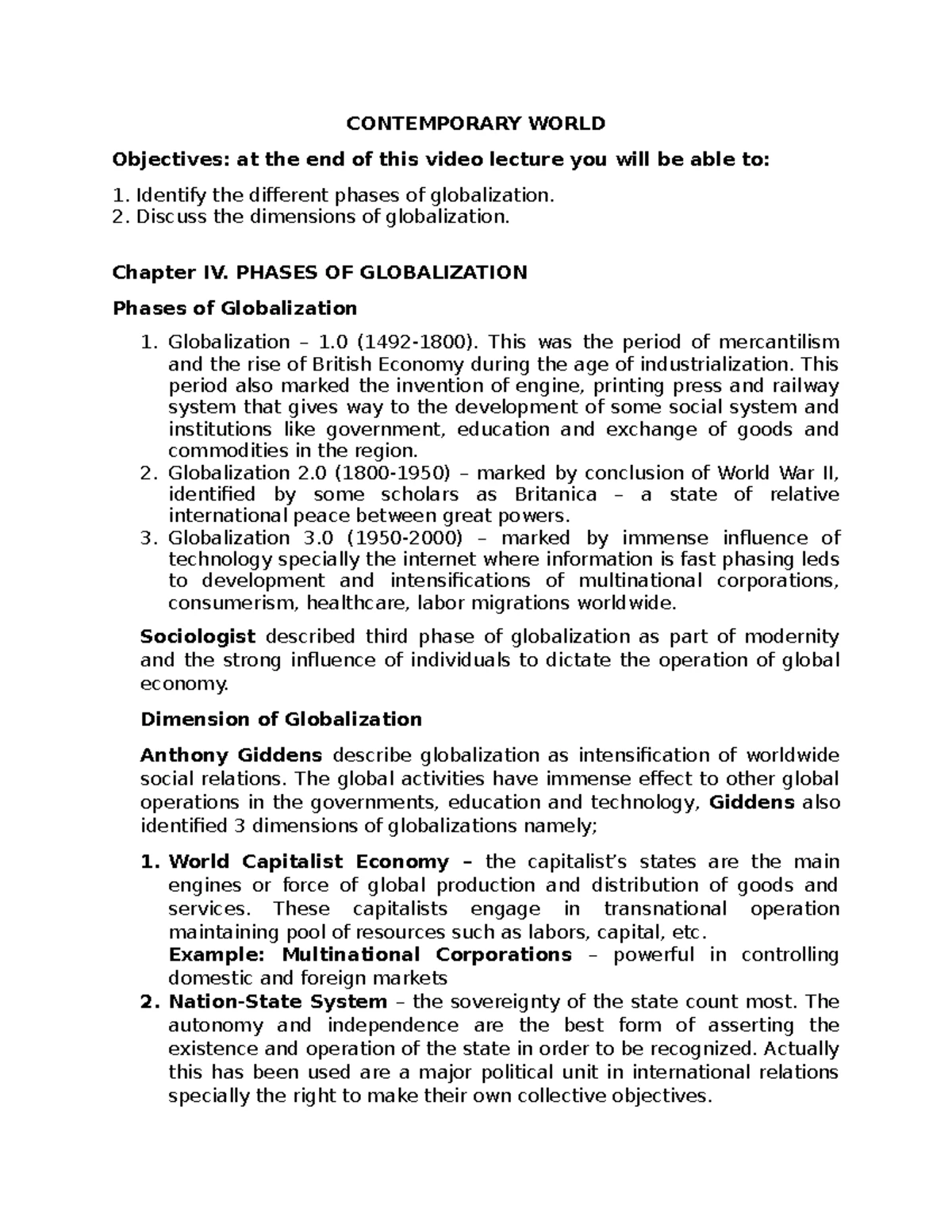 Contemporary World. Lesson 1 - CONTEMPORARY WORLD Objectives: at the ...