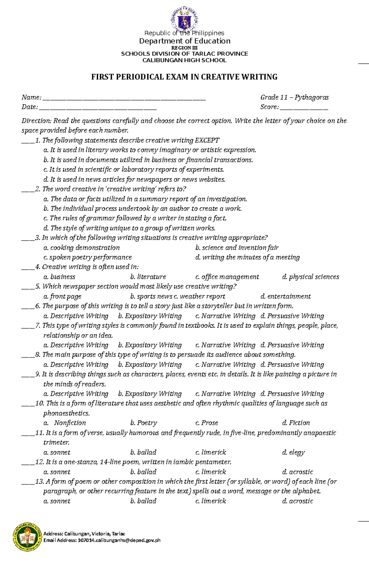 Grade 11 - Pythagoras First Periodical Exam in Creative Writing - Studocu