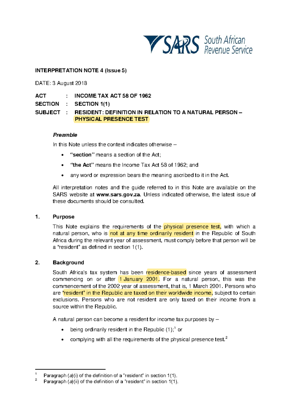 Interpretation note 4 (issue 5) 2018 Resident definition natural person ...