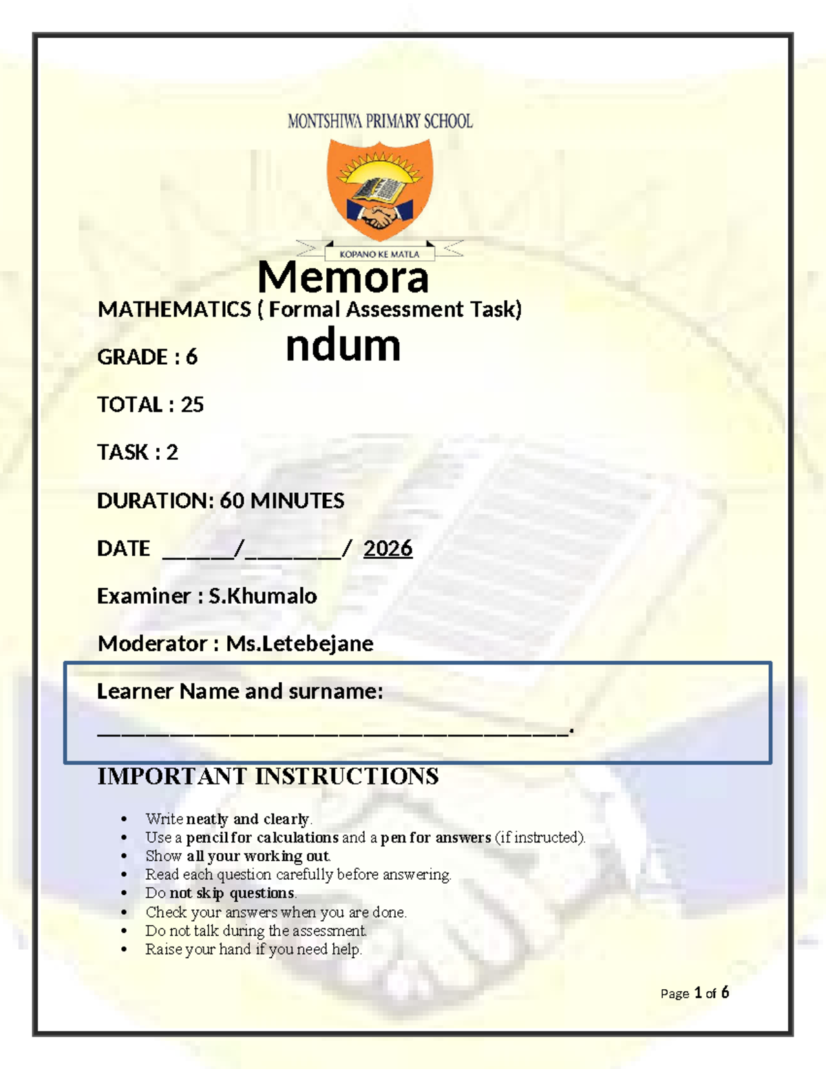 Memo For Mathematics Formal Assessment Task 2 Grade 6 Studocu