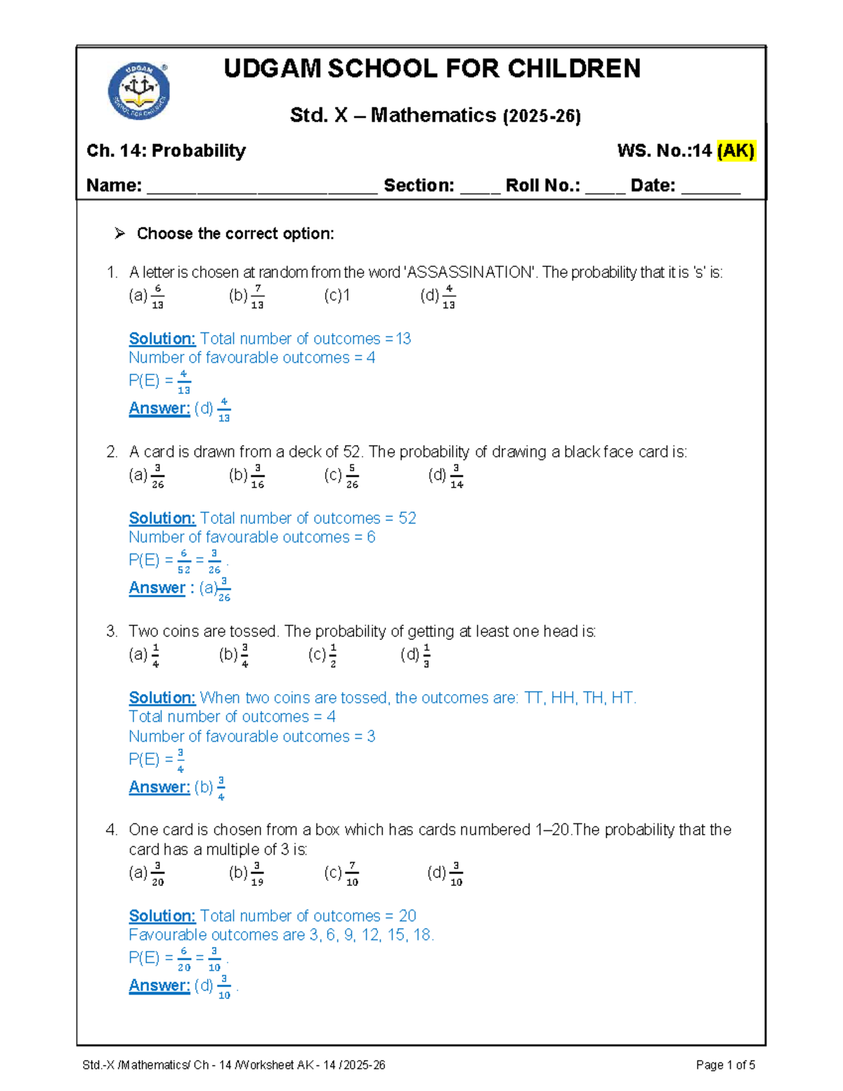Mathematics Std. X Ch. 14: Probability Worksheet (WS No. 14) - Studocu