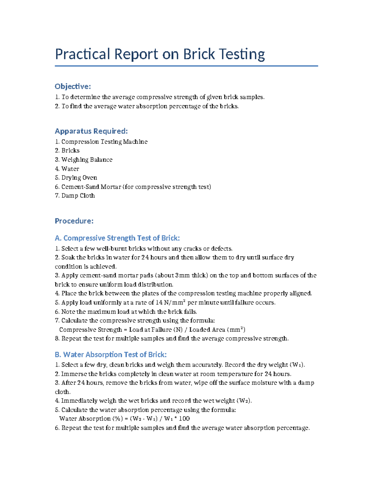 Brick Testing Report: Compressive Strength & Water Absorption Analysis ...