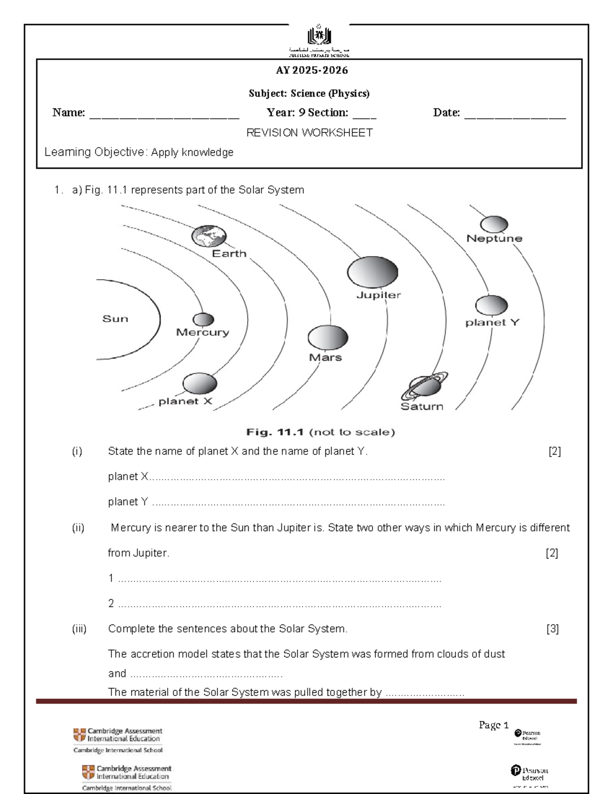 25-26 Y9 Revision Worksheet: Astronomy and the Solar System - Studocu