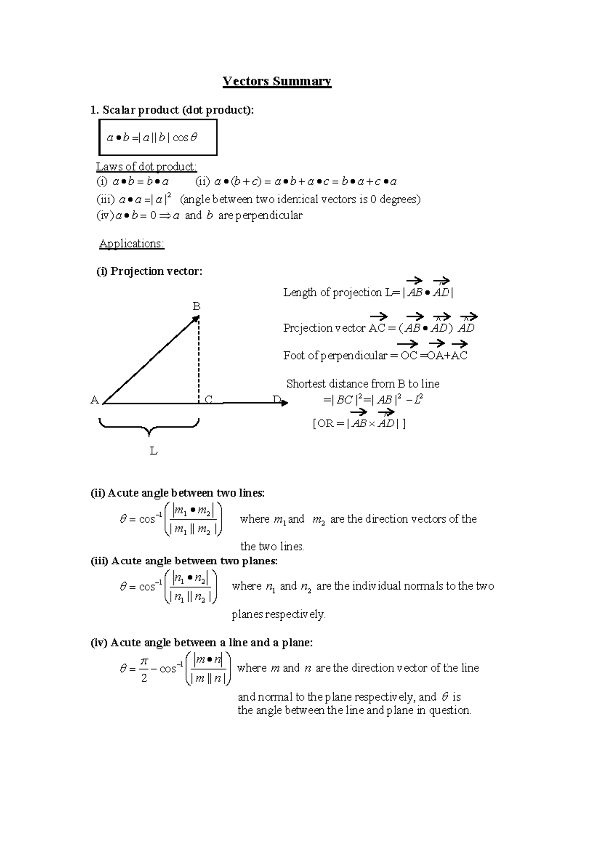 Vectors Summary: Scalar and Cross Product Applications - Studocu