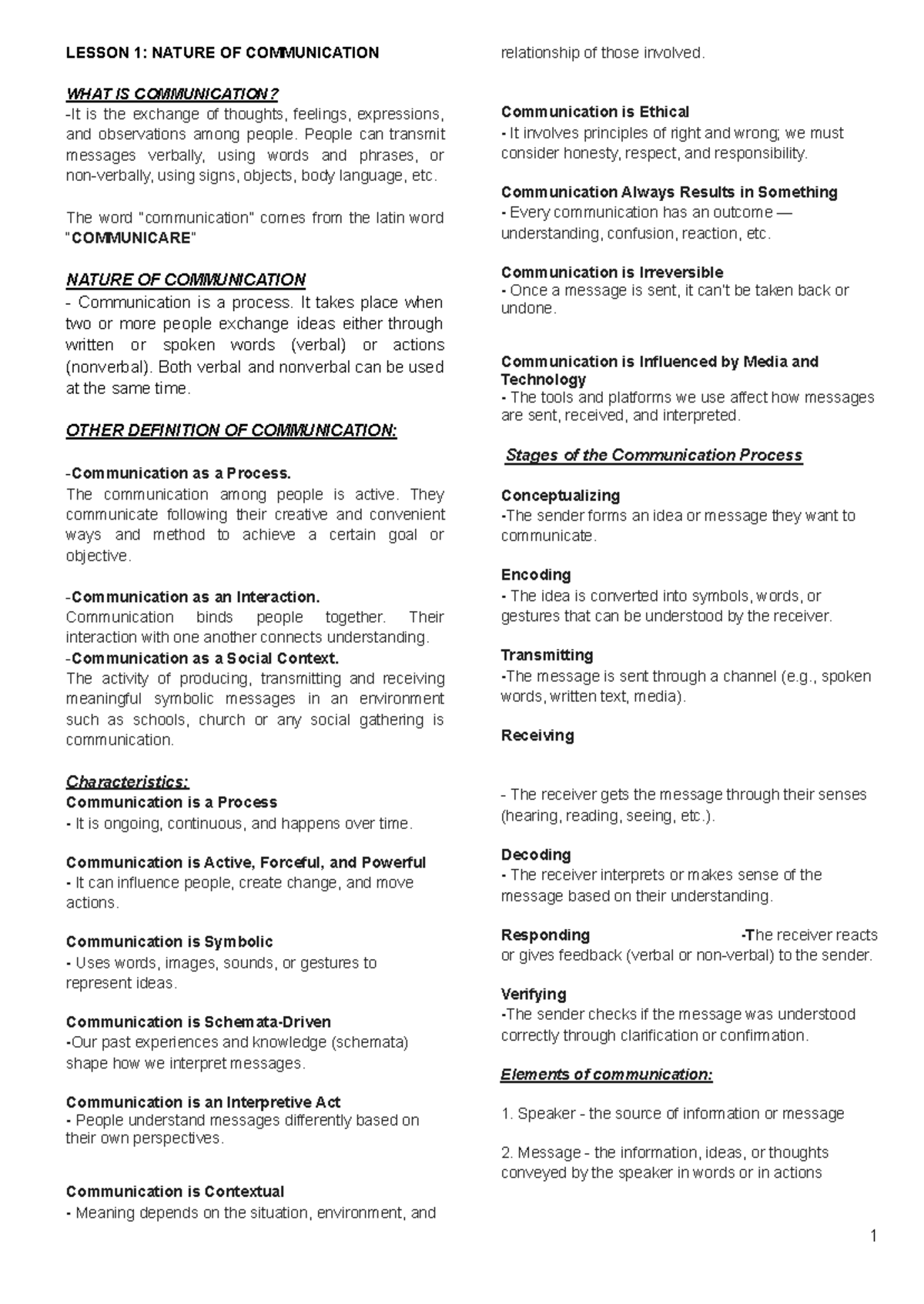 Oralcom Notes: Lesson 1 - Nature of Communication Overview - Studocu