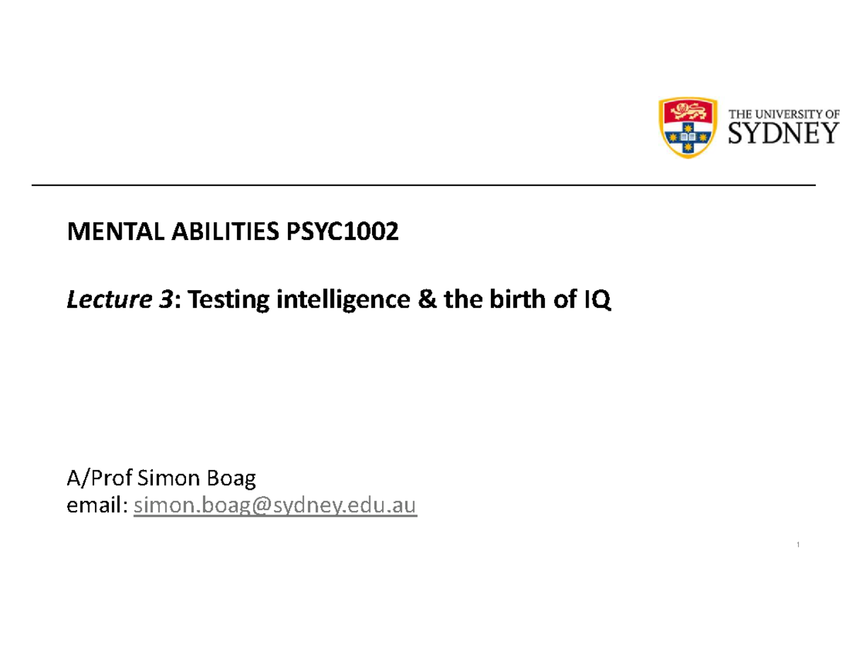PSYC1002 Lecture 3: The Birth of IQ and Intelligence Testing - Studocu