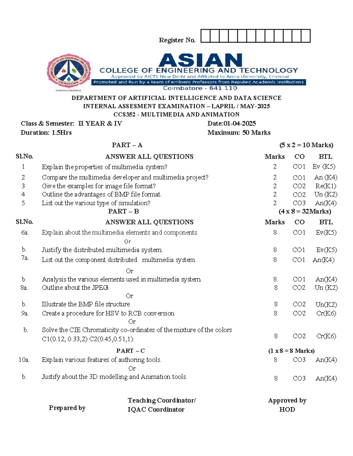 CCS352 Multimedia and Animation internal assessment examination I ...