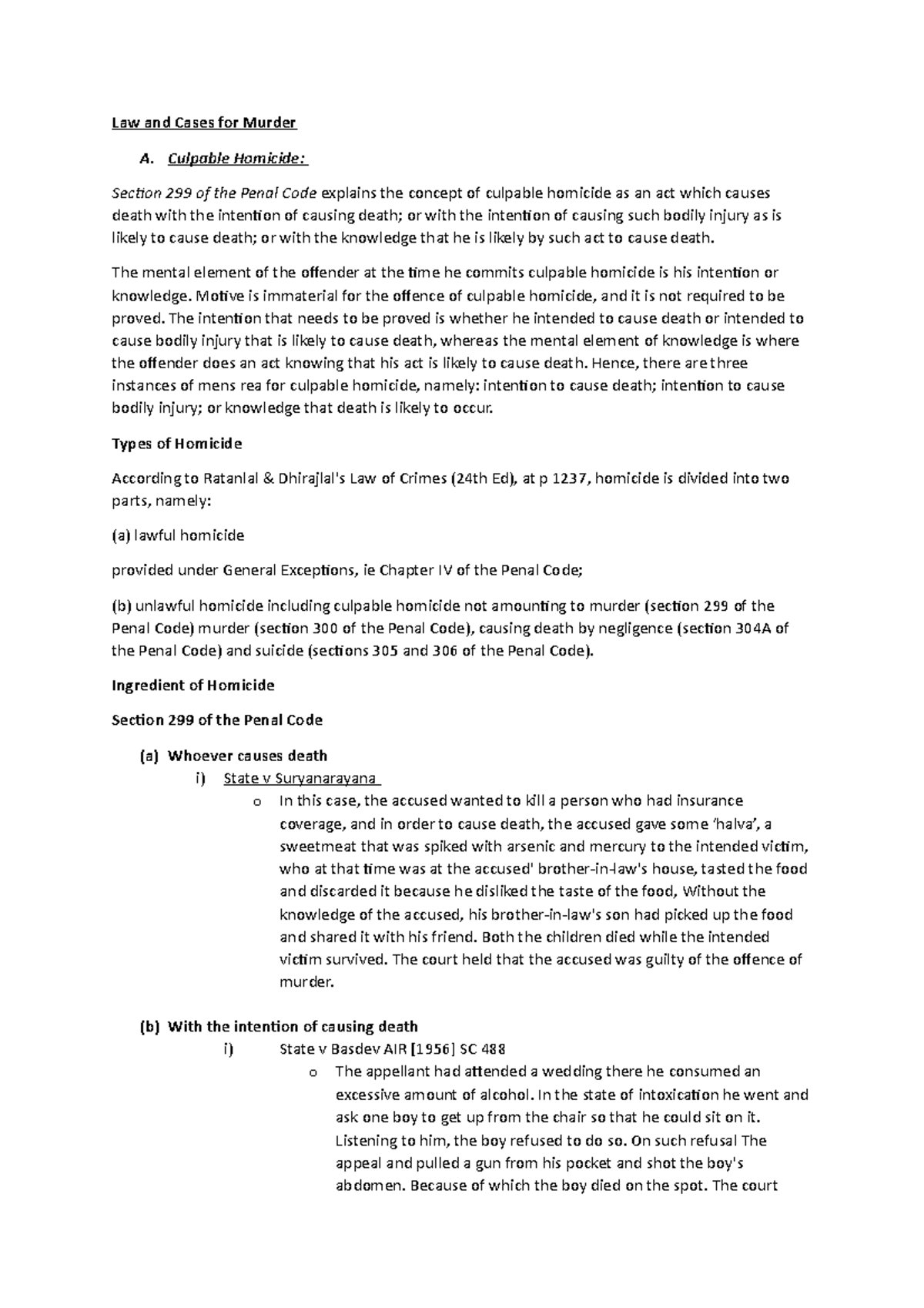 **Murder Law Analysis: Culpable Homicide & Key Cases Overview** - Studocu