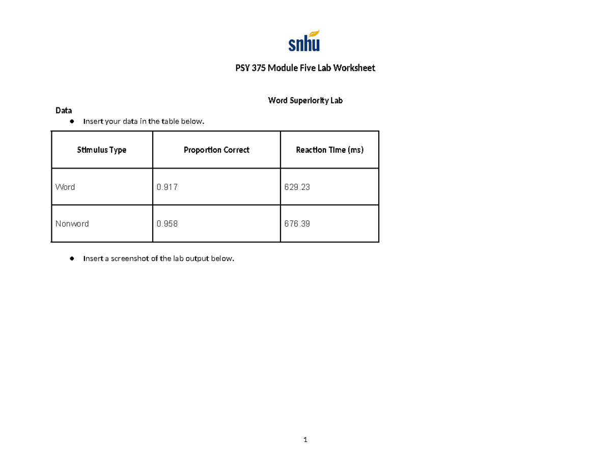 PSY 375 Module Five Lab: Word Superiority Analysis and Findings - Studocu