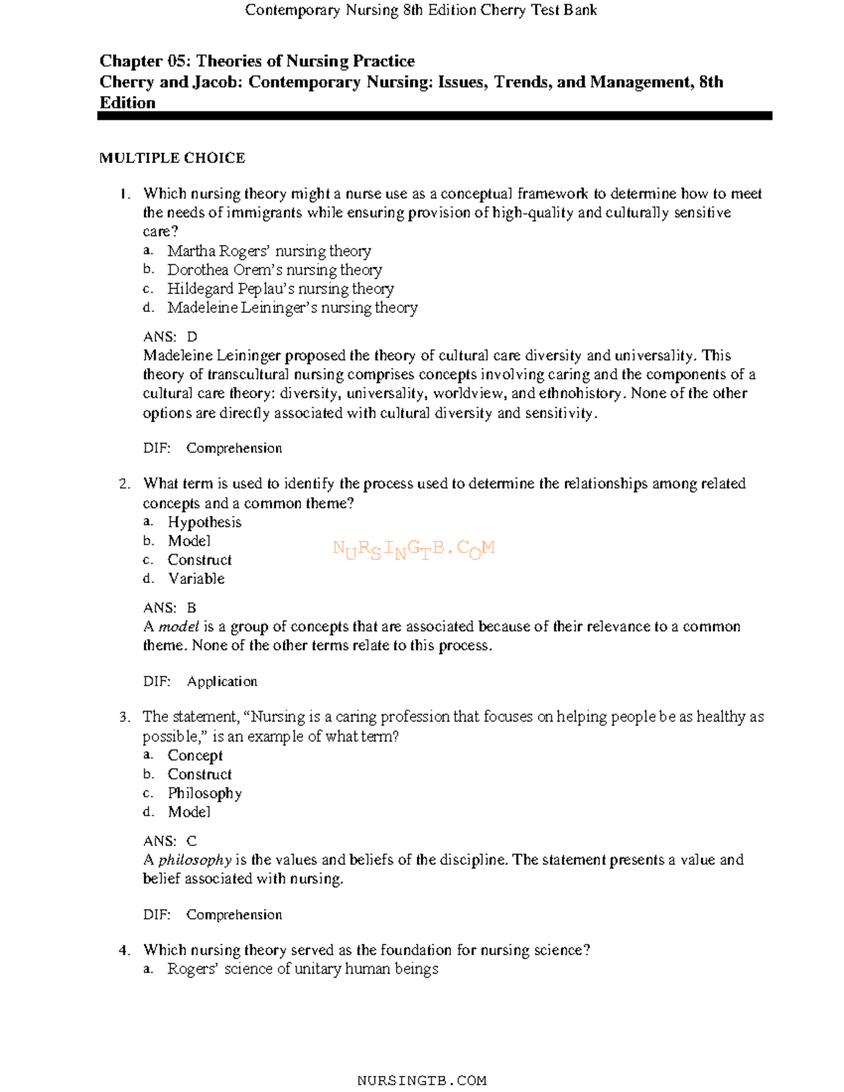05 - test bank - NURSINGTB Chapter 05: Theories of Nursing Practice ...