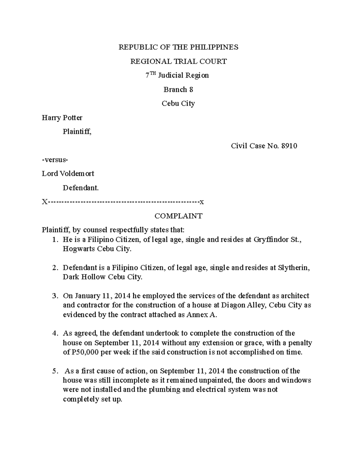 255258033 Civil Procedure Sample Complaint Document - Studocu