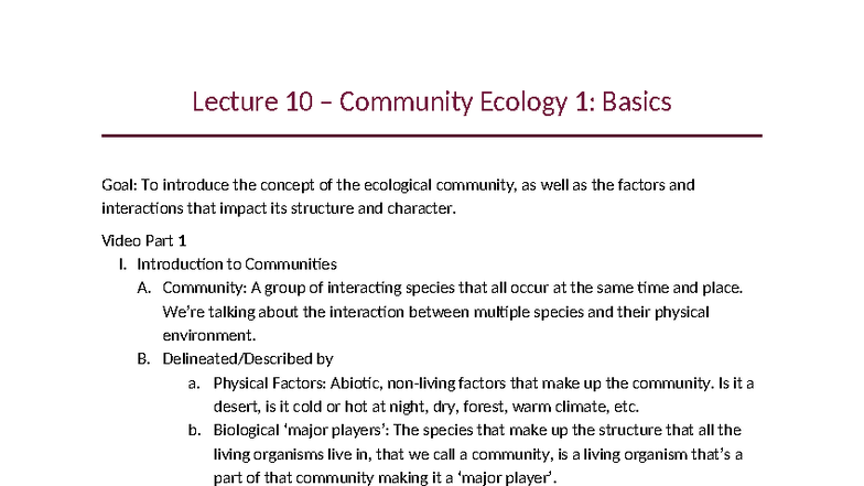 Lecture 10: Community Ecology 1 - Structure, Dynamics & Interactions ...