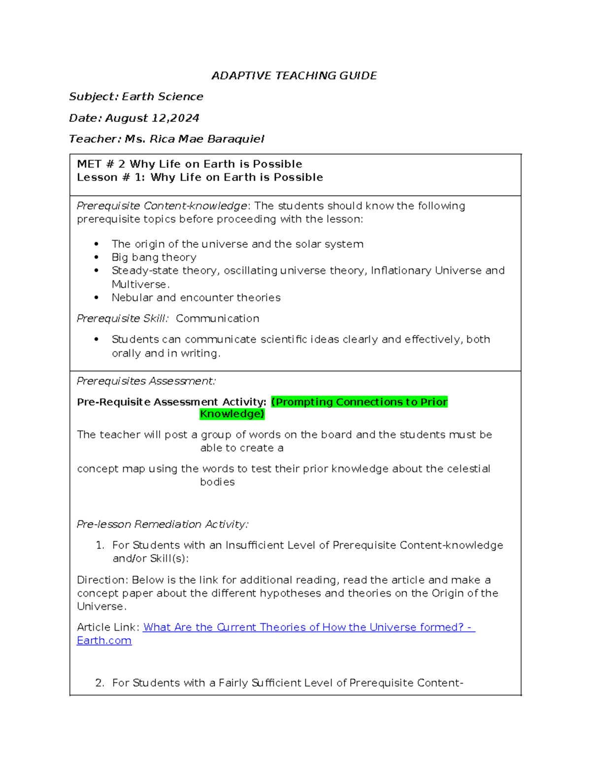 (2) ES-ATG Earth as Habitable Planet - ADAPTIVE TEACHING GUIDE Subject ...