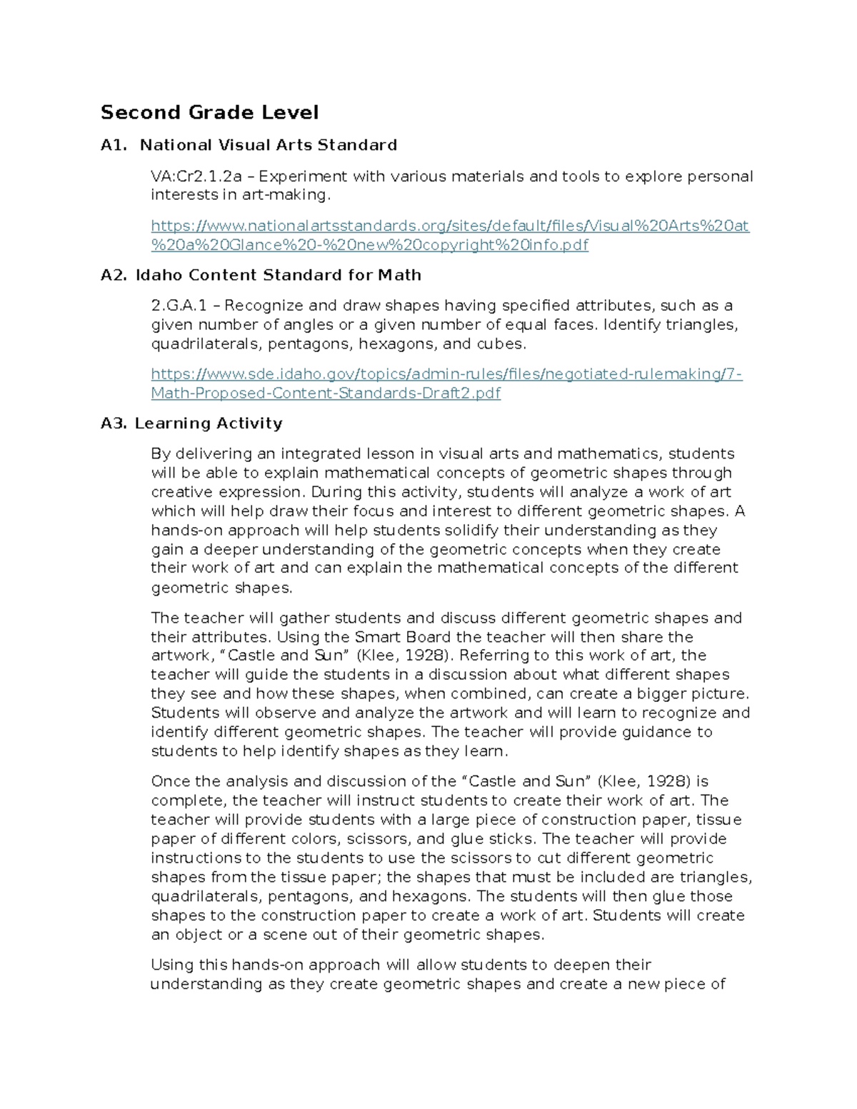 C105 Task 1: Integrating Visual Arts & Math for 2nd Grade - Studocu
