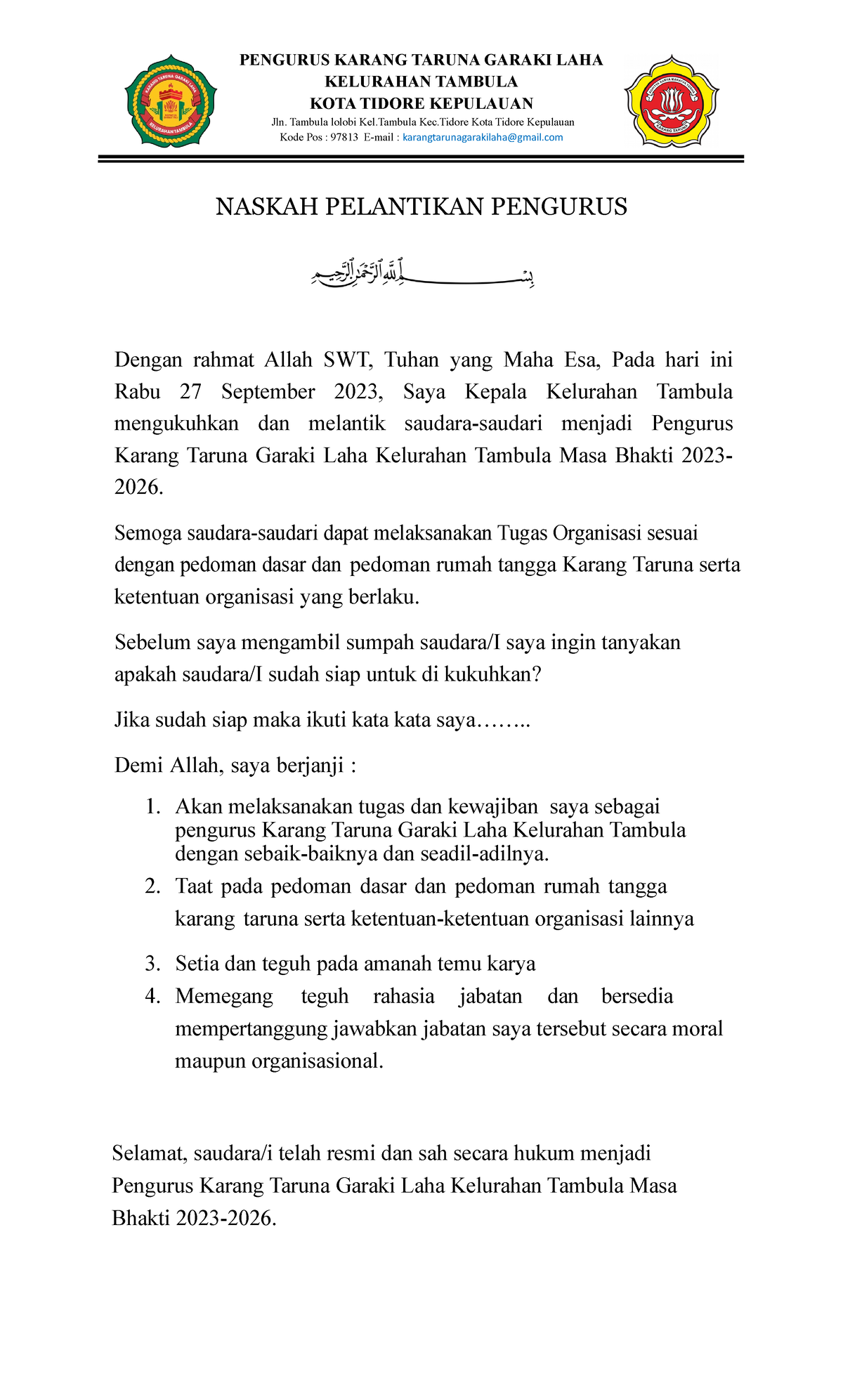 Naskah Pelantikan Pengurus Karang Taruna Garaki Laha 2023-2026 - Studocu