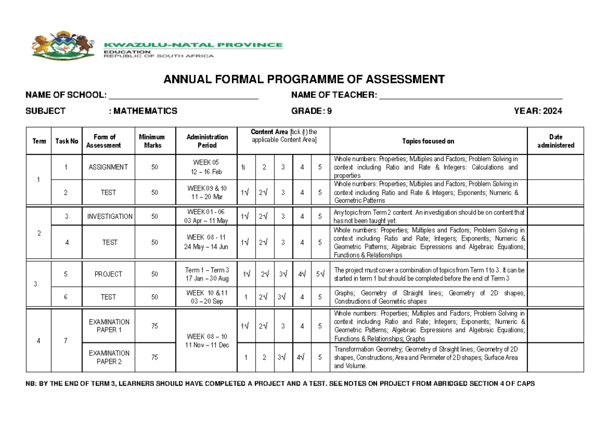 Grade 9 MAT 2024 - Annual Programme of Assessment Overview - Studocu
