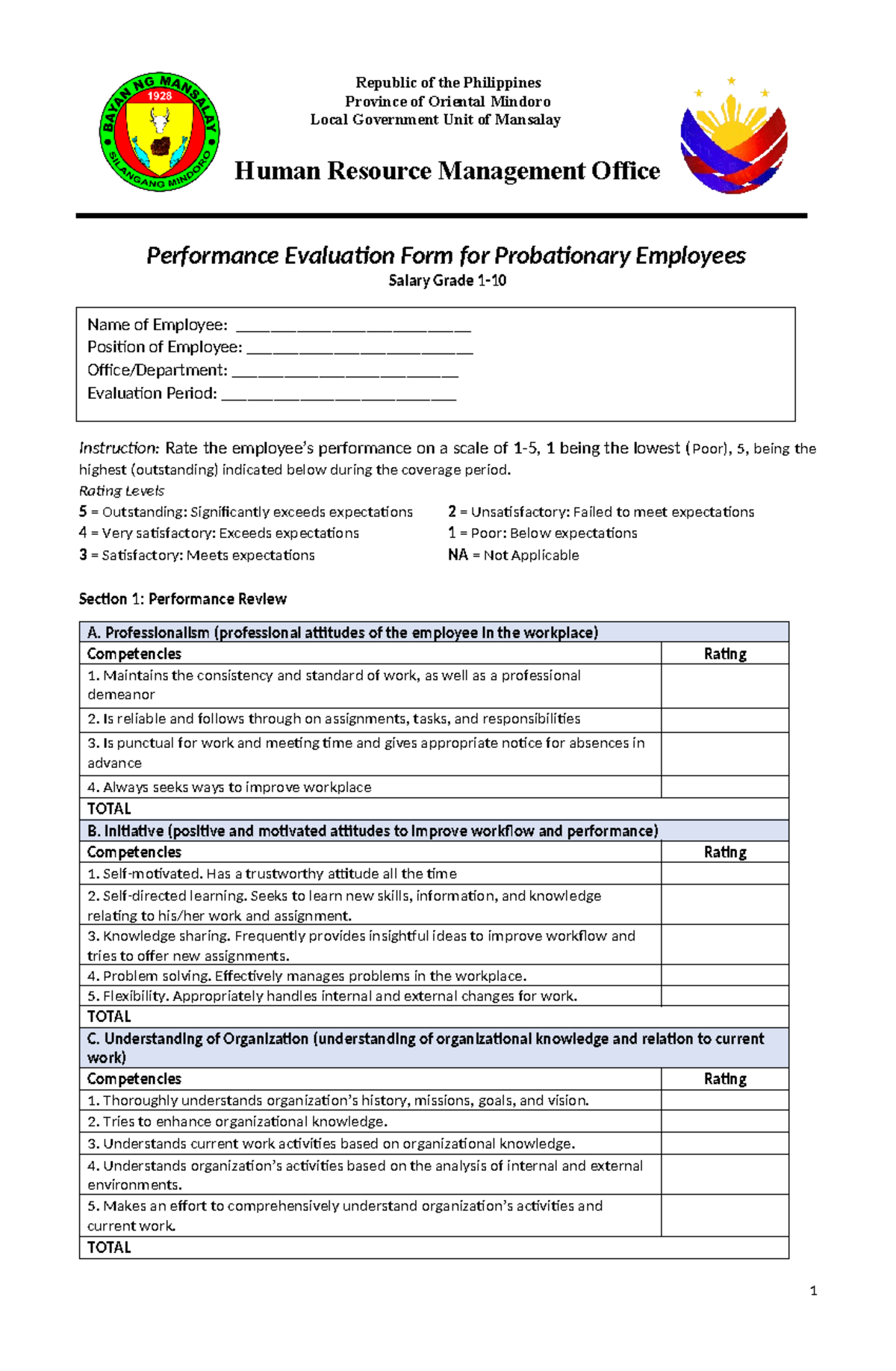 Performance Evaluation Form for Probationary Employees - Final Review ...